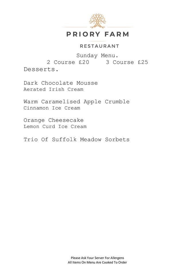 Menu at Priory Farm restaurant, Belton