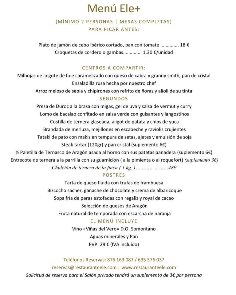 Menu at Restaurante Ele, Zaragoza, C. de Pedro María Ric