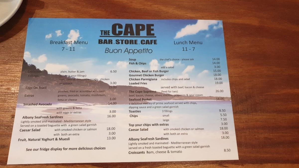 Menu at The CAPE Bar.Store.Cafe, Kronkup