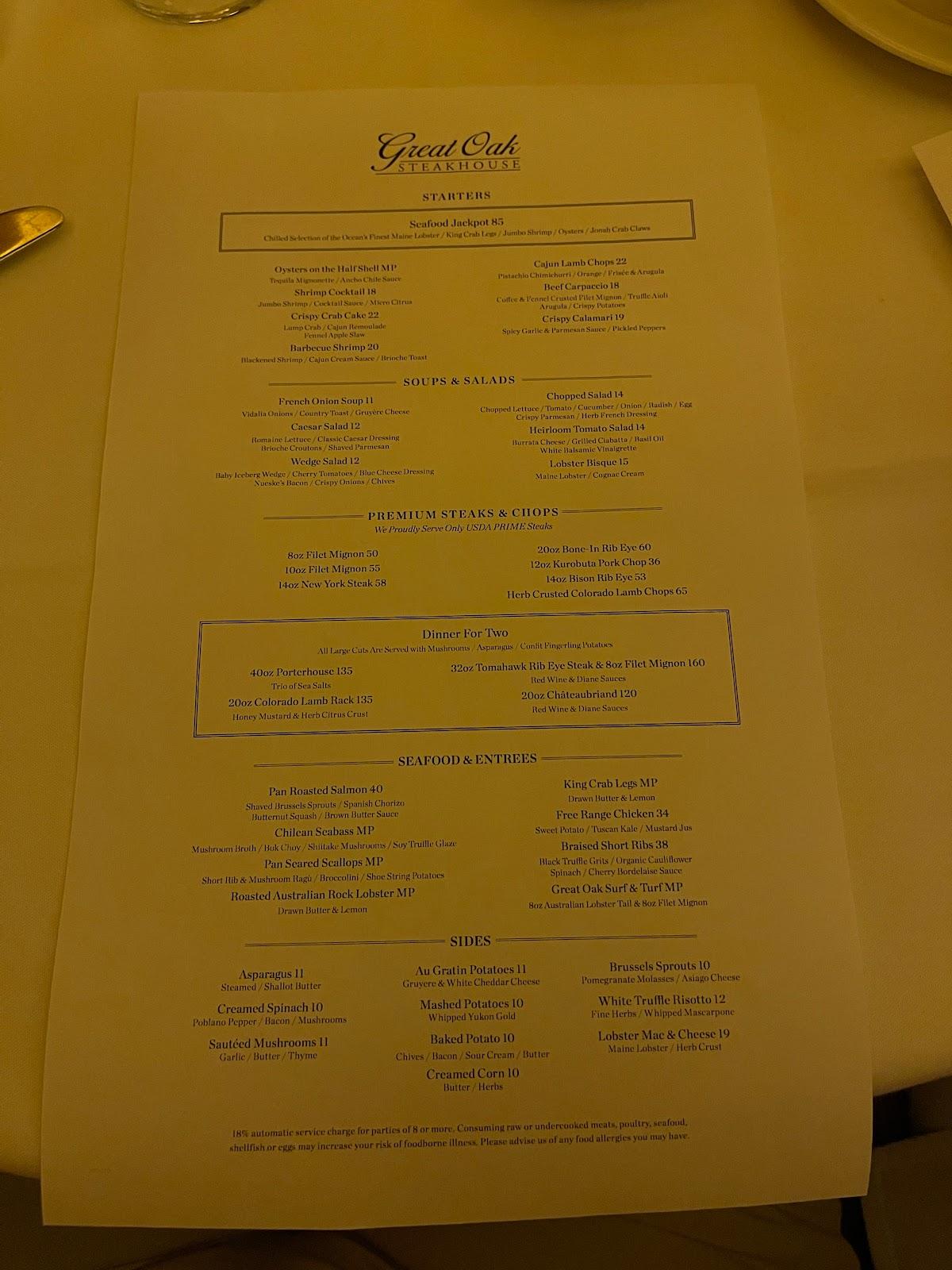Menu at The Great Oak Steakhouse, Temecula, Pechanga Pkwy
