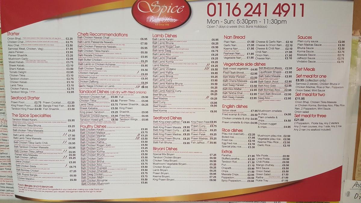 Menu at The Spice Balti House fast food, Leicester