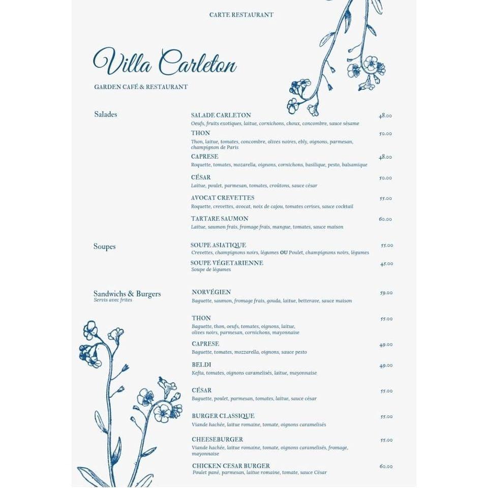 Menu at Villa Carleton cafe, Tangier