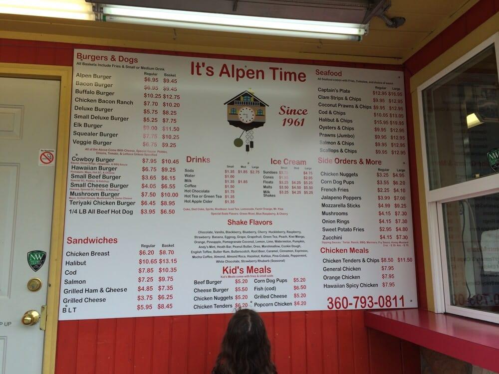 Menu at Alpen Drive-In restaurant, Sultan