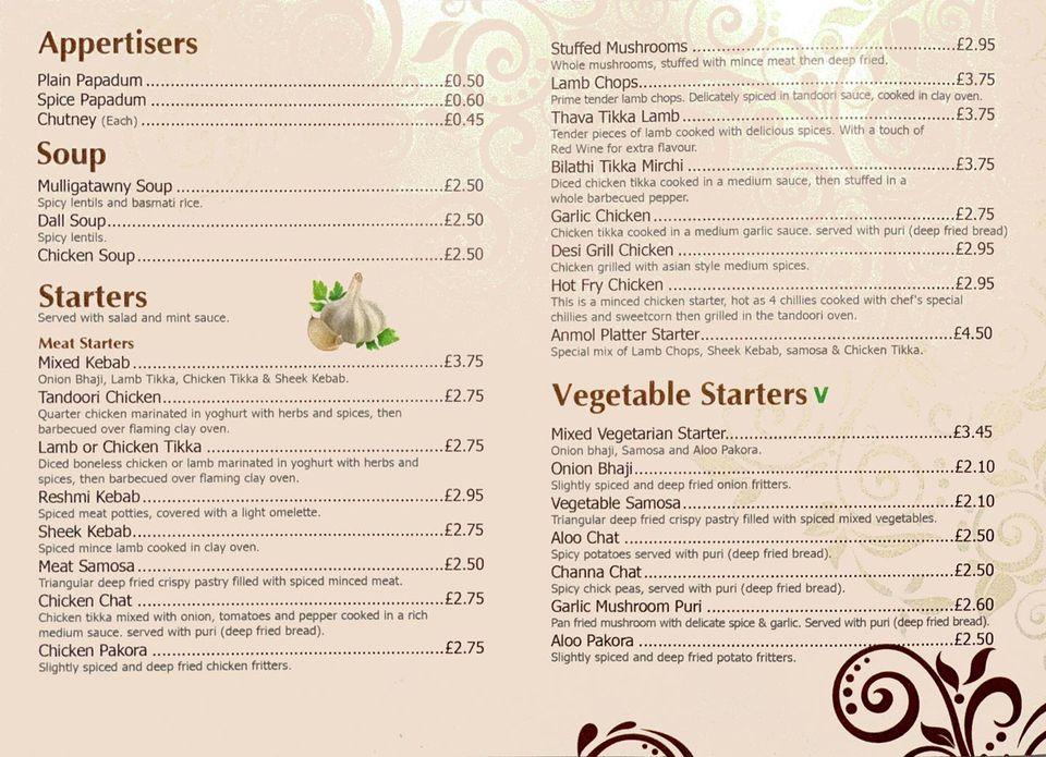 Menu at Anmol Indian Restaurant, Warrington, 62 Warrington Rd