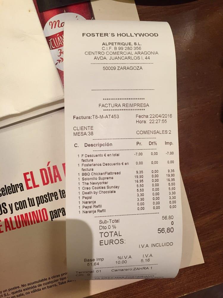 Menu at Foster's Hollywood restaurant, Zaragoza, C.C. Aragonia