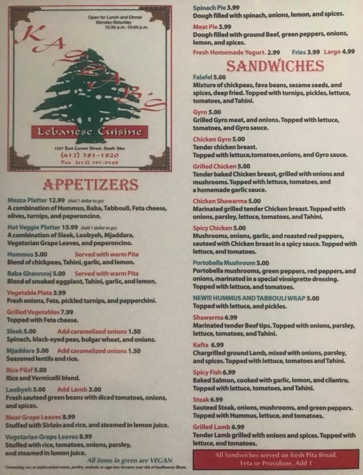 Menu at Kassab's Lebanese Cuisine restaurant, Pittsburgh
