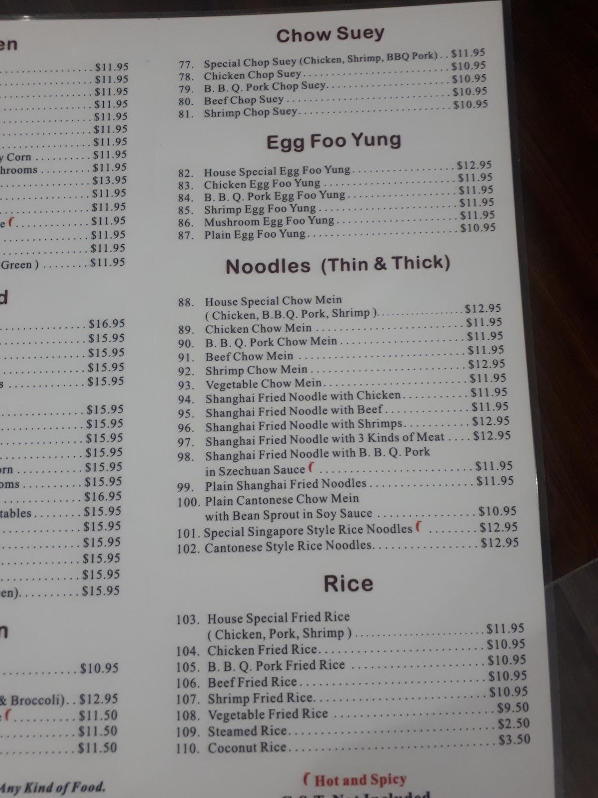 Menu at Ken's Kowloon Kitchen restaurant, Calgary