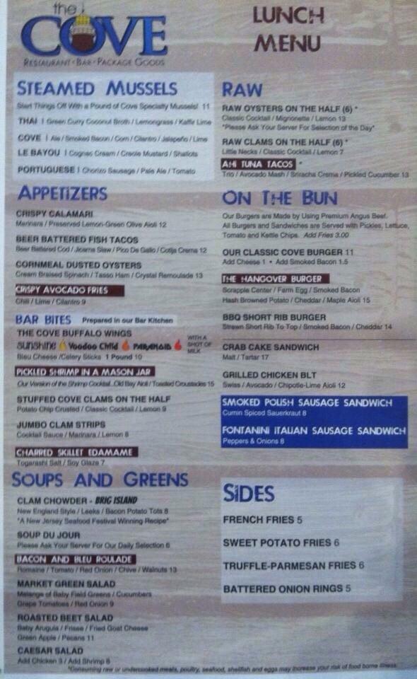 Menu at The Cove Restaurant - Bar - Package Goods, Brigantine ...