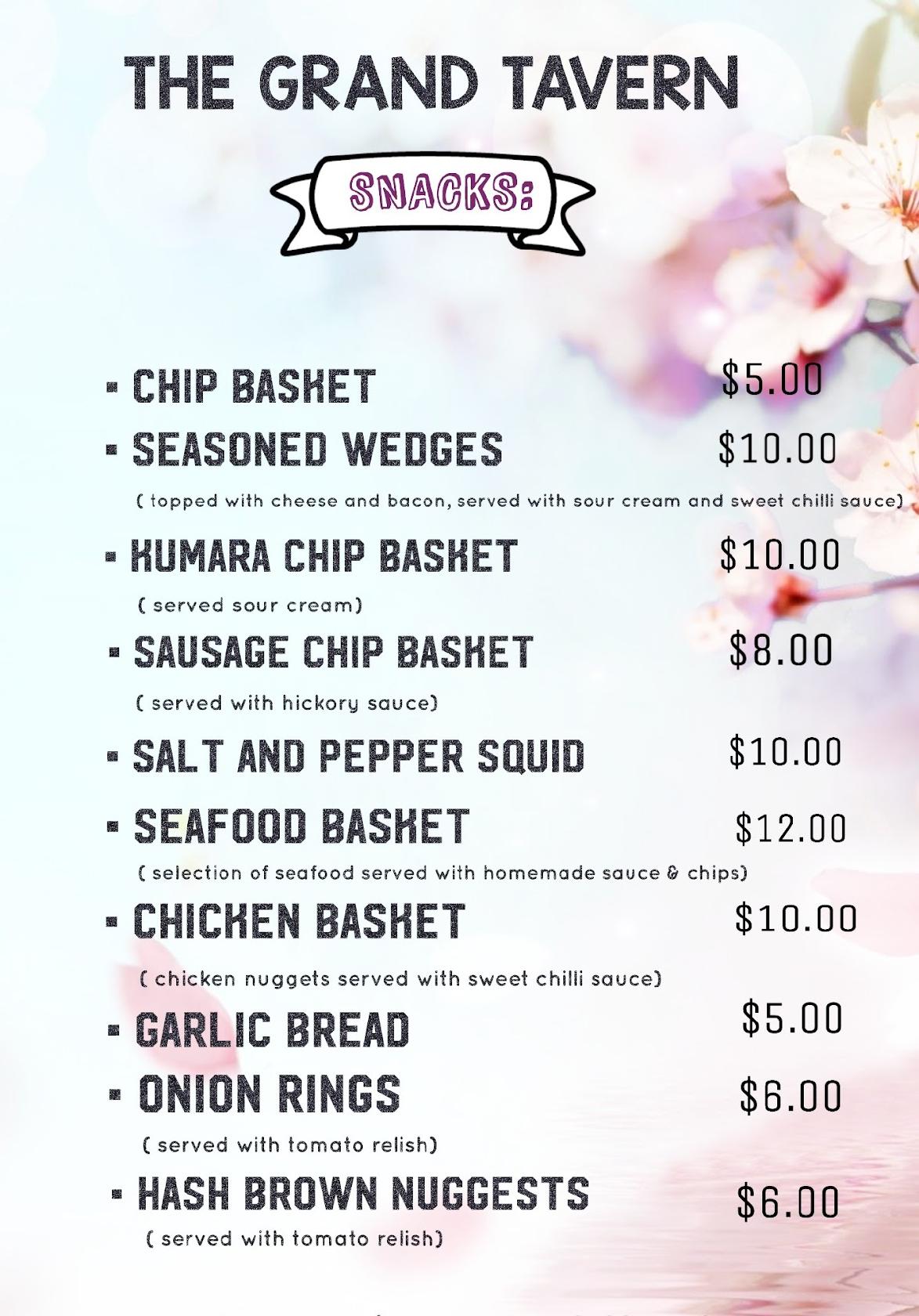 Menu at The Grand Tavern pub & bar, Te Aroha