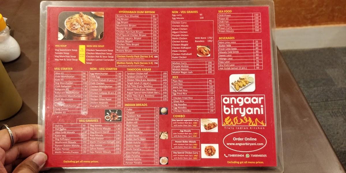 Menu at ANGAAR BIRYANI, Bengaluru, PRASHANTH I COMPLEX OPP APOLLO PHARMACY