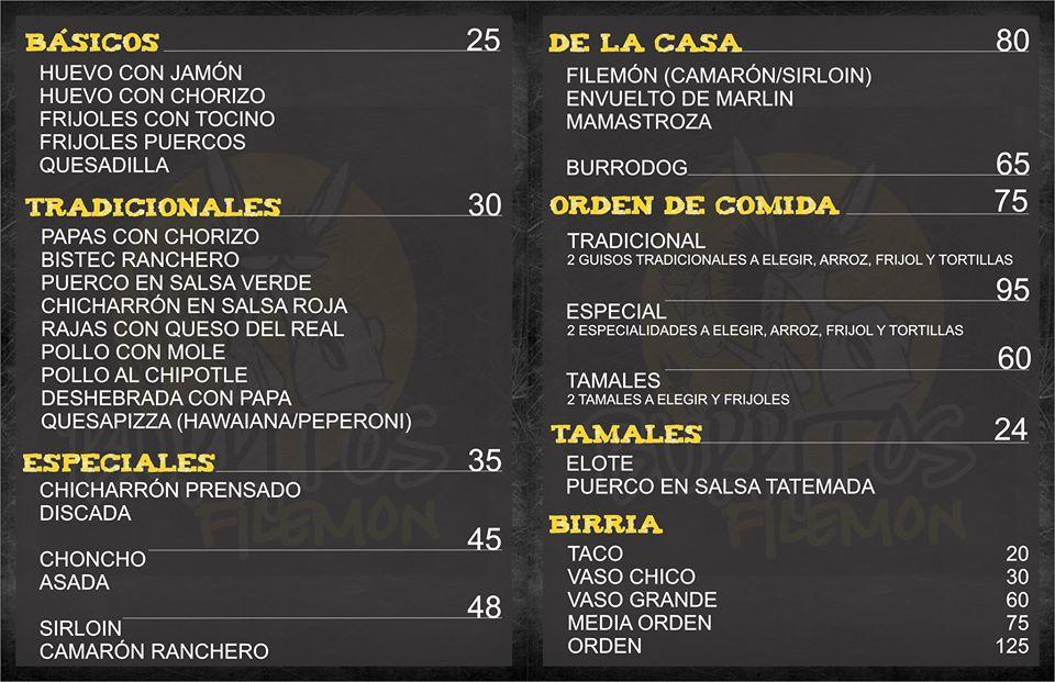 Carta del restaurante Burritos Filemon, Ensenada