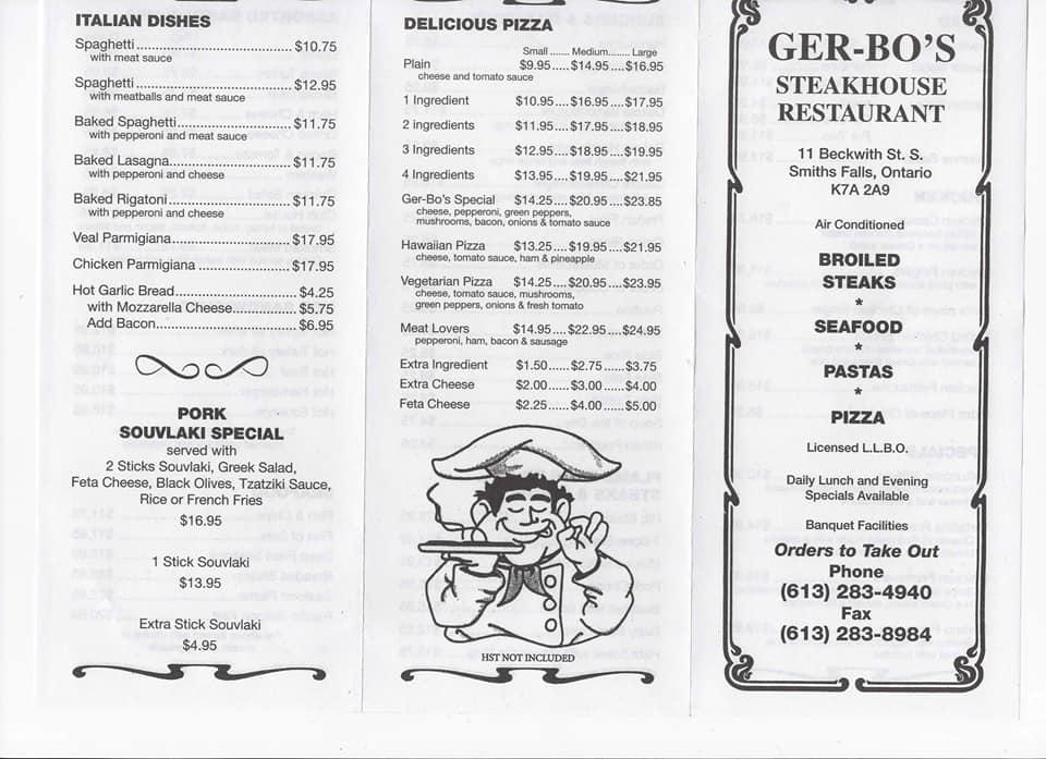 Menu at Ger-Bo's Steak House steakhouse, Smiths Falls