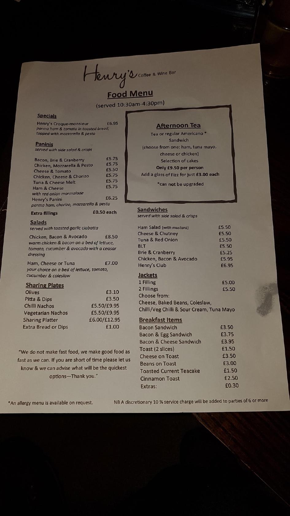 Menu at Henry's Wine + Coffee Bar, Denby Dale