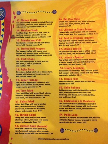 Menu at Las Margaritas restaurant, Center