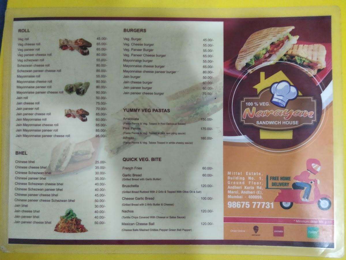 Menu at Narayan's Sandwich House, Mumbai, Andheri - Kurla Rd