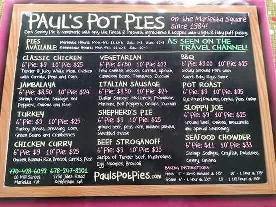 Menu at Paul's Pot Pies cafe, Kennesaw