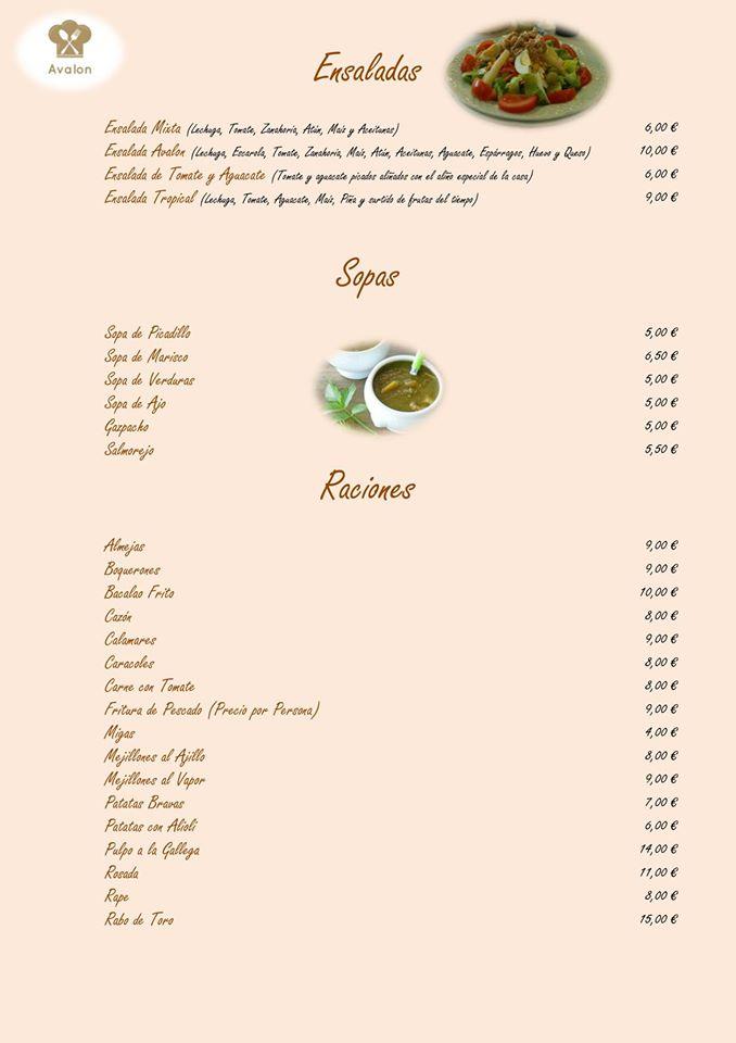 Menu at Restaurant Avalon, Salobreña, Mare Nostrum 24