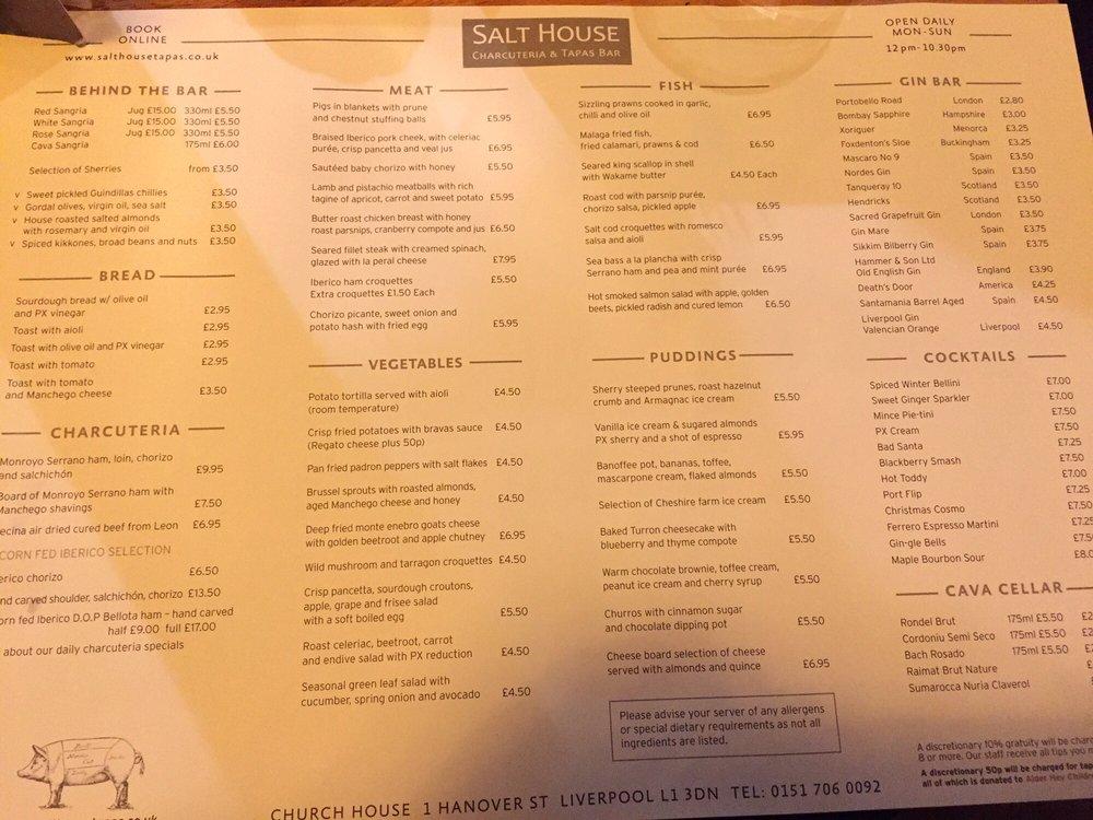Menu at Salt House Tapas pub & bar, Liverpool