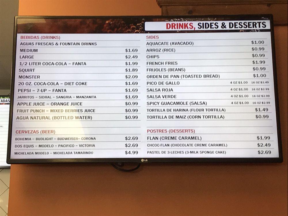 Menu at Taqueria El Toro restaurant, Raleigh, Junction Blvd