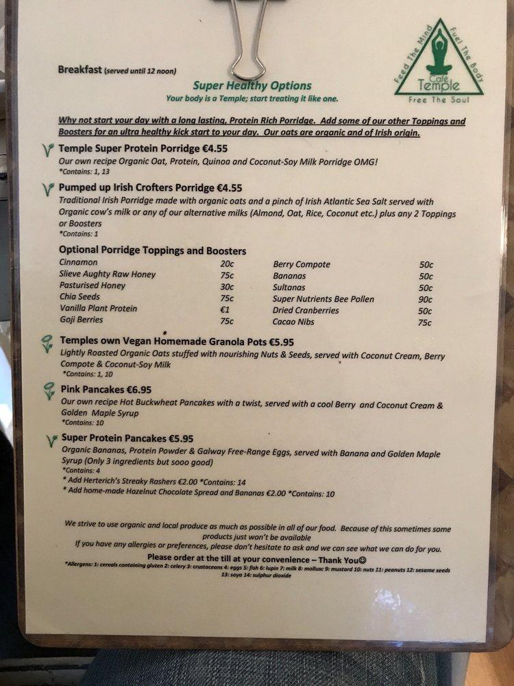 Menu at Temple Cafe, Galway