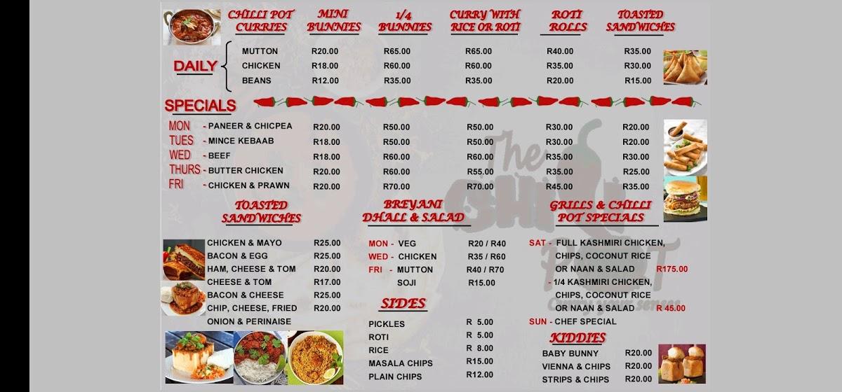 Menu at The Chilli Pot, Outer West Durban