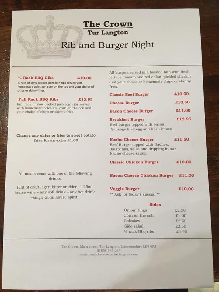 Menu at The Crown Inn pub & bar, Tur Langton, Main St