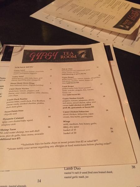 Menu at The Gypsy Tea Room restaurant, St. John's