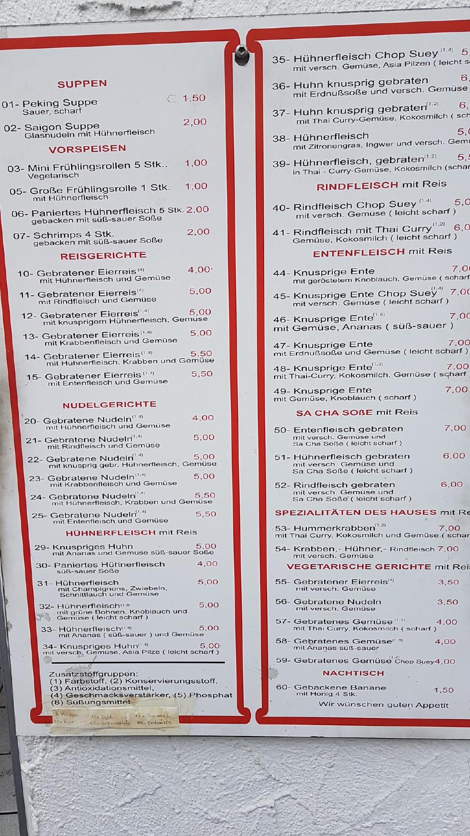 Menu at Asia Imbiss restaurant, Schorndorf