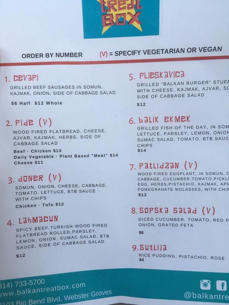 Carta del restaurante Balkan Treat Box, Webster Groves, Big Bend Blvd