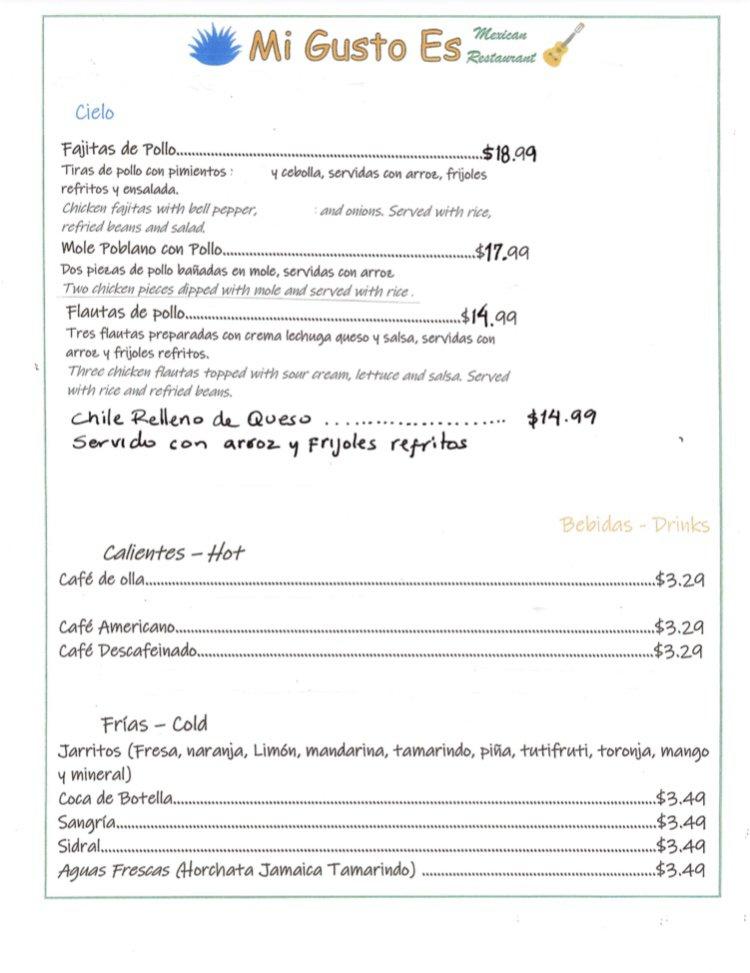 Menu at Mi Gusto Es Mexican Restaurant, Gilroy