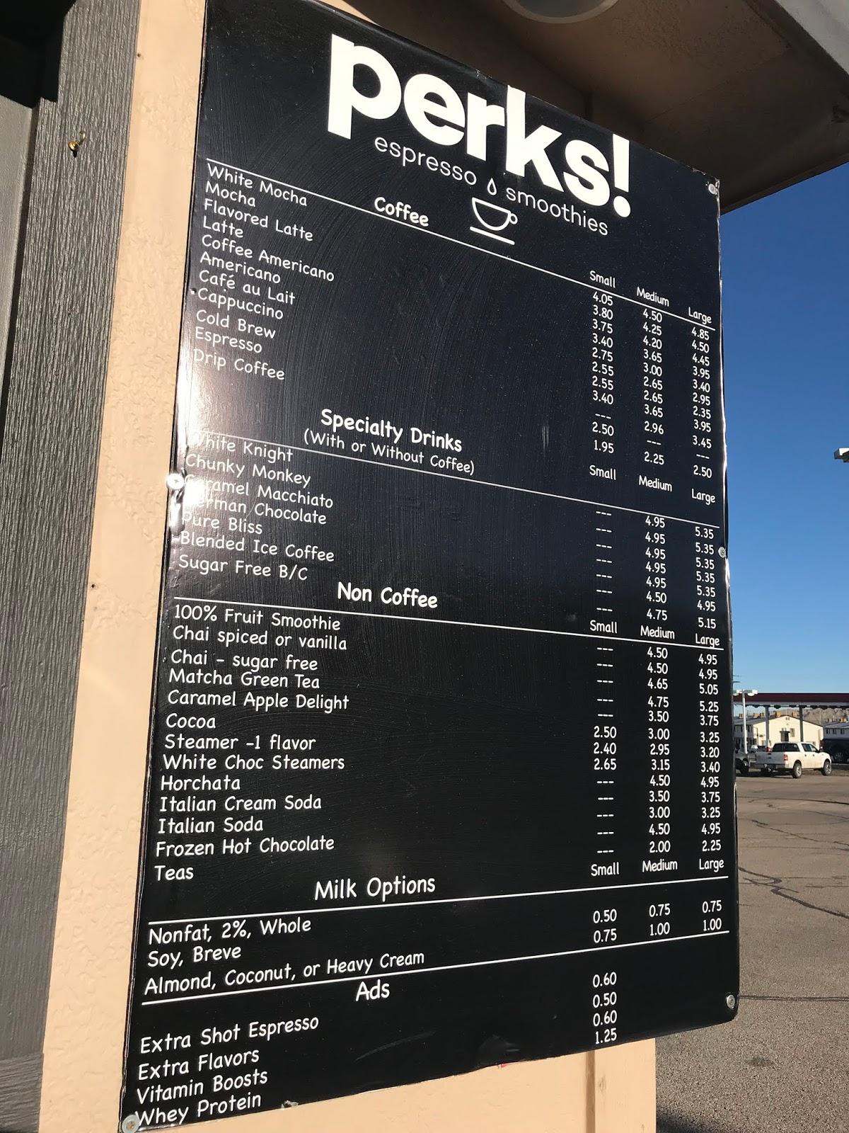 Menu at Perks! Coffee, Espresso, & Smoothies pub & bar, Cedar City