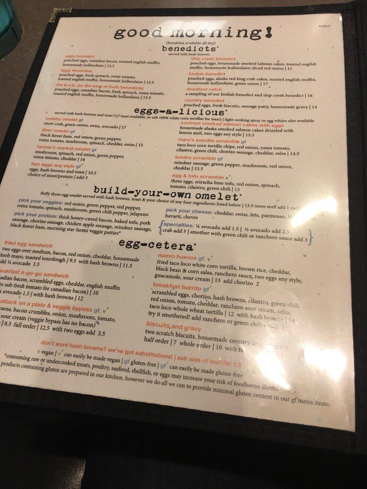 Menu at Snow City Cafe, Anchorage