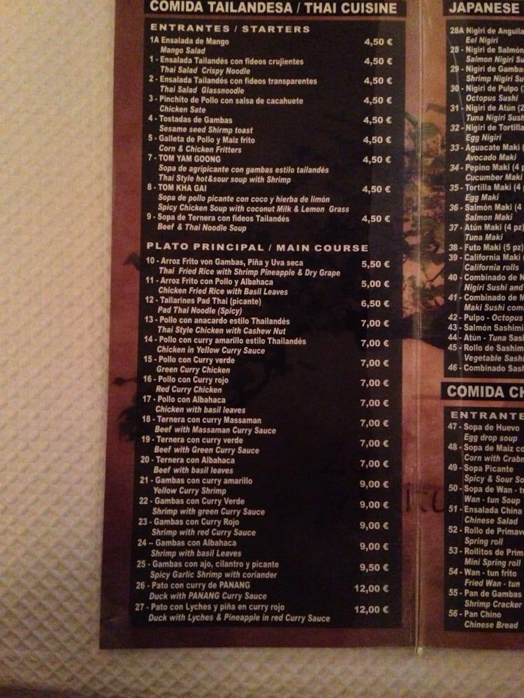 Menu at Zen restaurant, Rota
