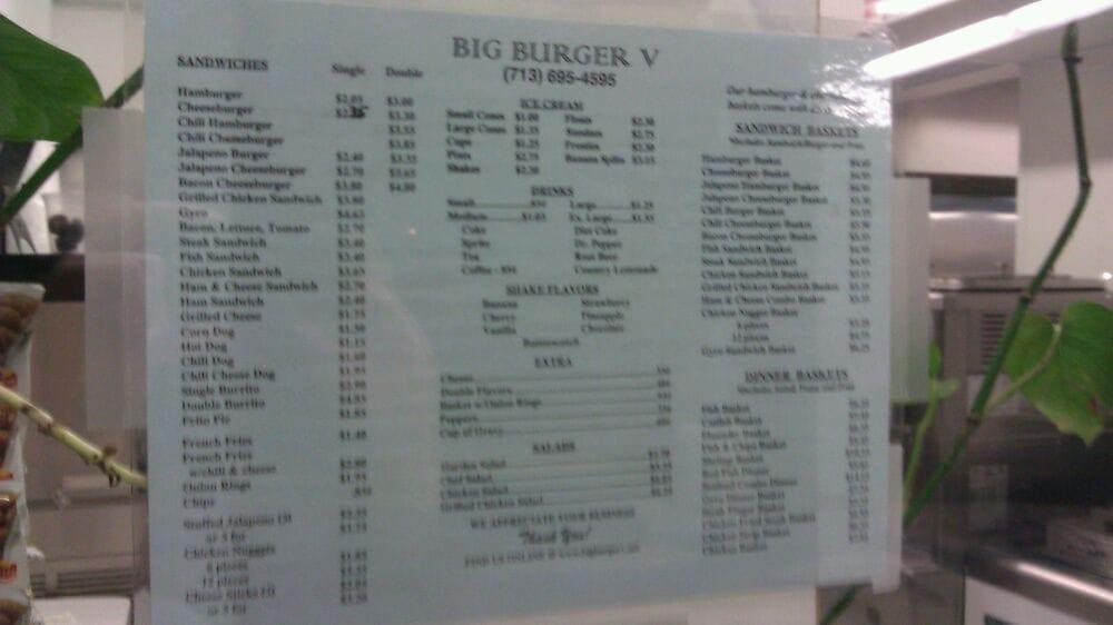Menu at Big Burger V restaurant, Houston, 11207 W Hardy Rd