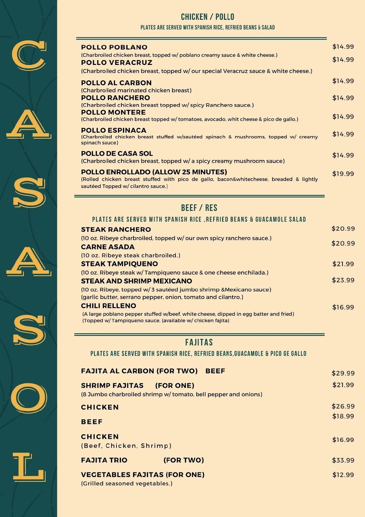 Menu at Casa Sol Mexican Restaurant, San Antonio, San Pedro Ave