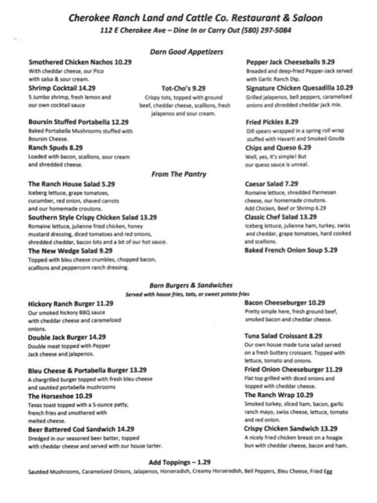 Menu at Cherokee Ranch Land & Cattle Co. steakhouse, Enid