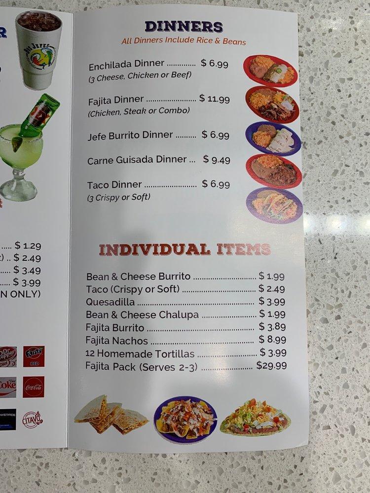 Menu at Dos Jefes Tortilla Factory restaurant, Plainview