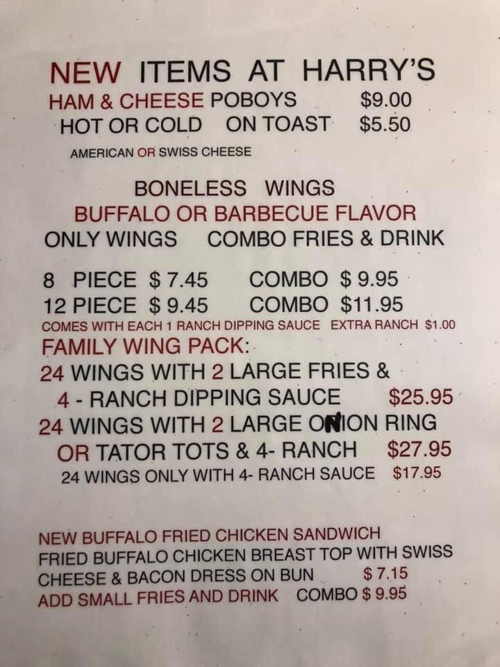 Menu at Harry's Po-Boys fast food, Larose