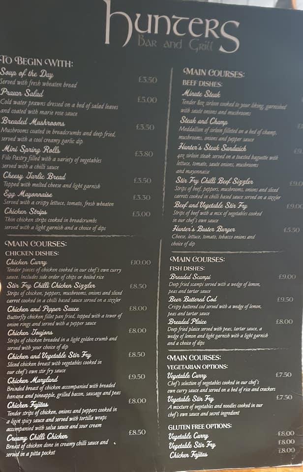 Menu at Hunters Bar, England, 106 Cushendall Rd