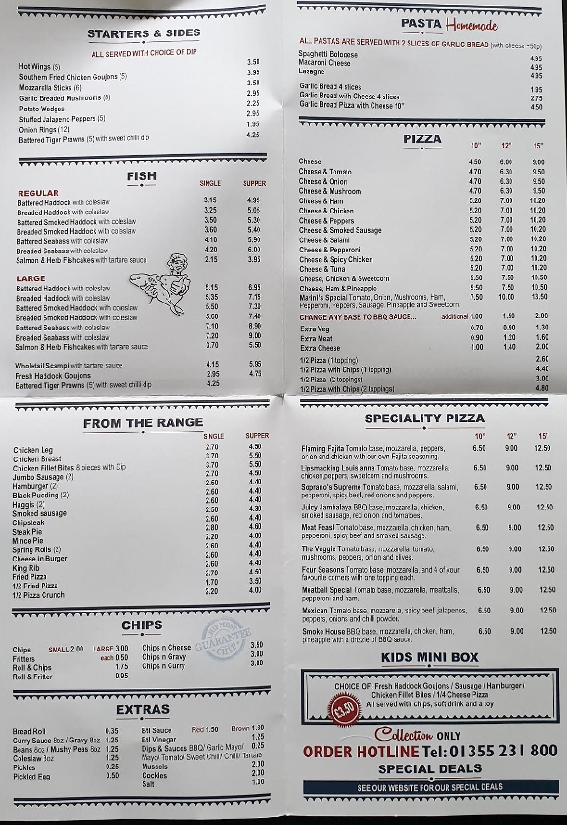 Menu at Marini's fast food, East Kilbride, 6 Lindsayfield Road