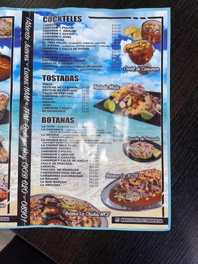 Menu at Mariscos El Ostion restaurant, Pomona