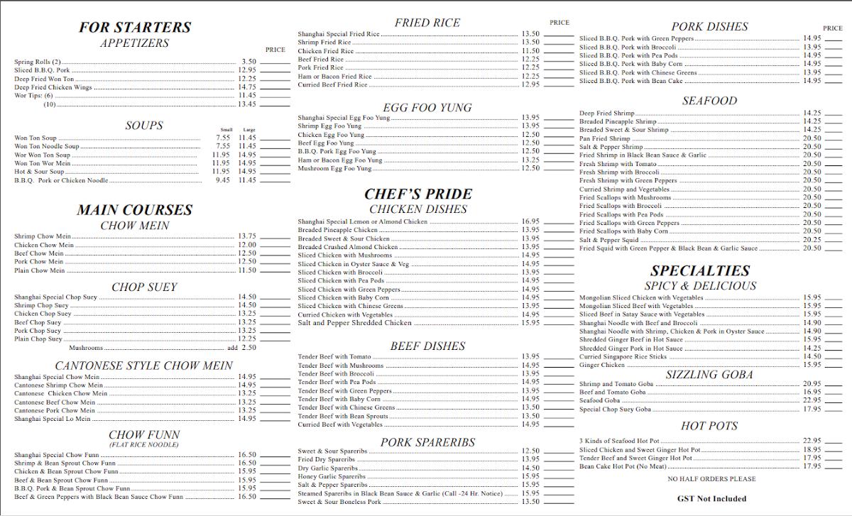 Menu at New Shanghai Golden Chopstick Restaurant, Lethbridge