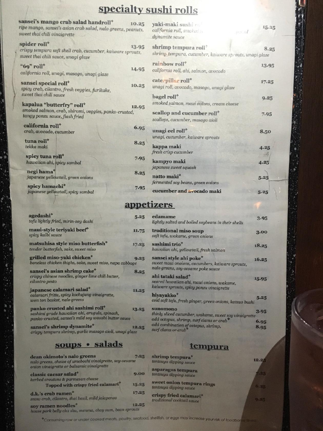 Menu at Sansei Seafood Restaurant & Sushi Bar, Honolulu