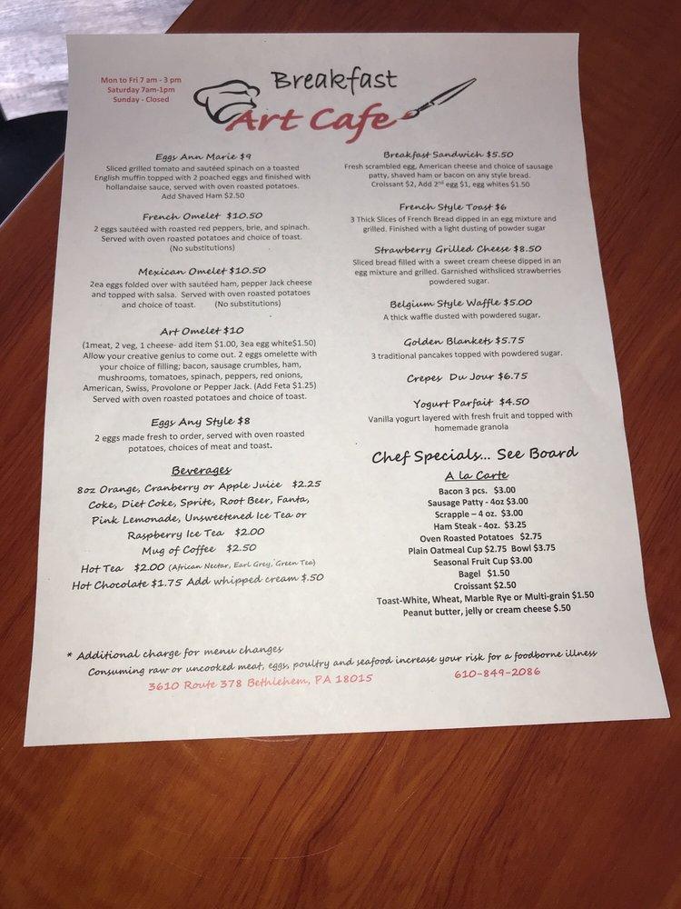 Menu at Art Cafe, Bethlehem, 3610 PA-378
