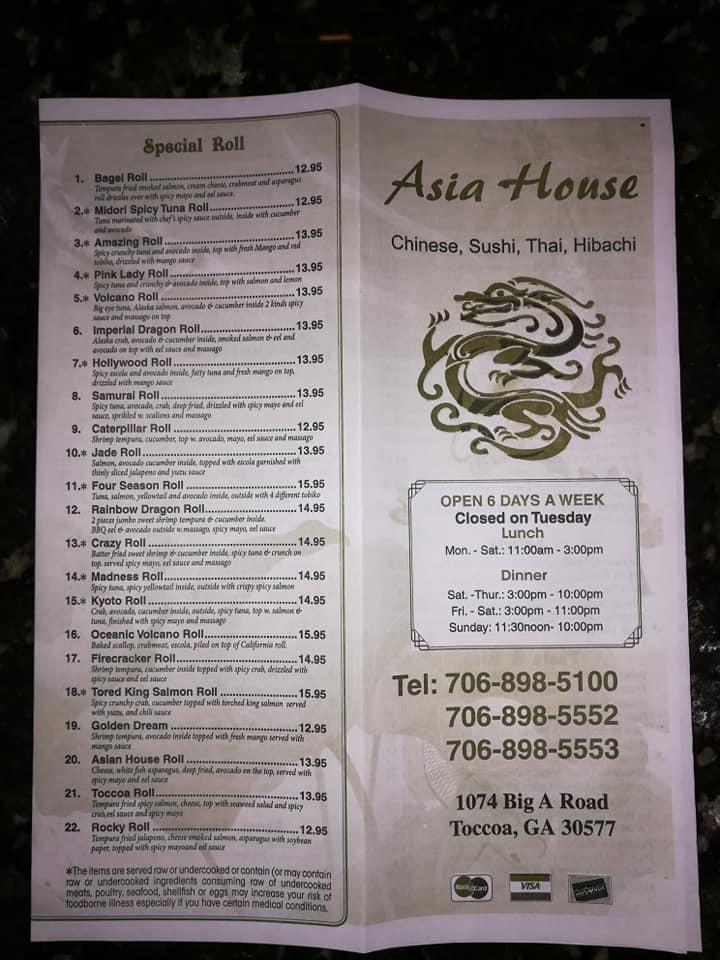 Menu at Asia House restaurant, Toccoa