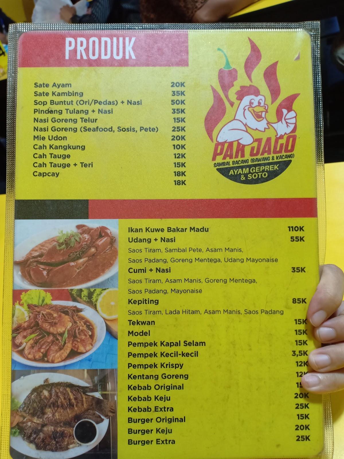 Menu at Ayam Pak Jago restaurant, Indonesia