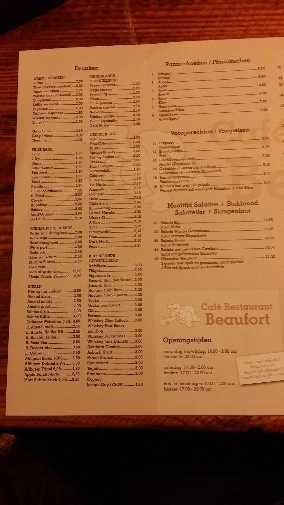 Menu at Café Restaurant Beaufort, Makkum