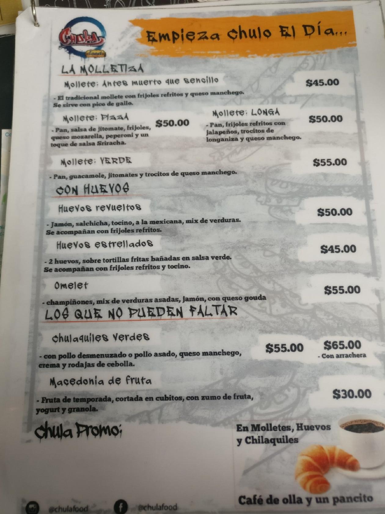 Carta del restaurante Chula Food, Ciudad del México, Av. Antonio Delfin ...