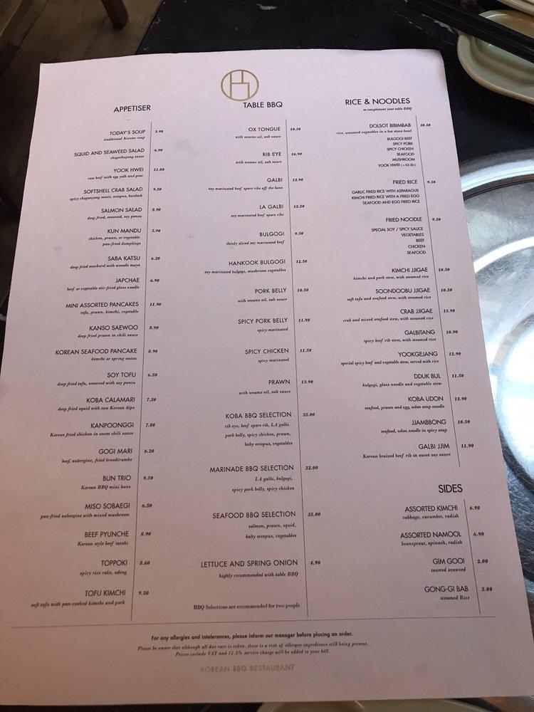 Menu at KOBA restaurant, London