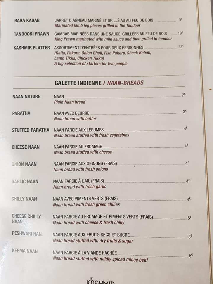 Menu at LE KASHMIR restaurant, Villeneuve-lès-Avignon